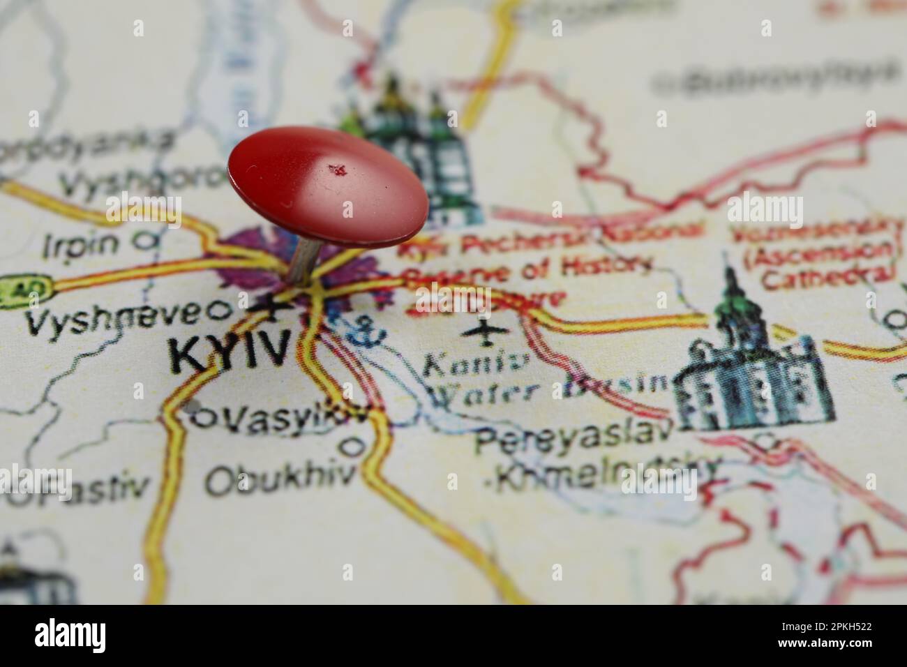 MYKOLAIV, UKRAINE - NOVEMBER 09, 2020: Kyiv city marked with push pin ...