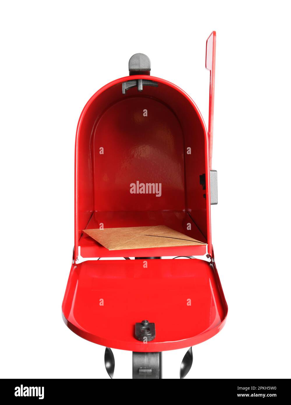 Open red letter box with correspondence on white background Stock Photo ...