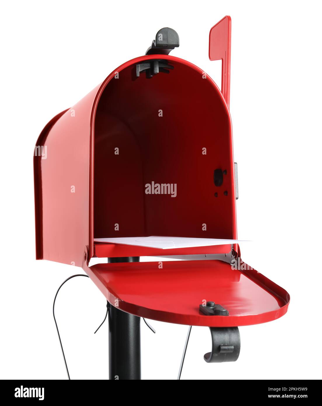 Open red letter box with correspondence on white background Stock Photo ...