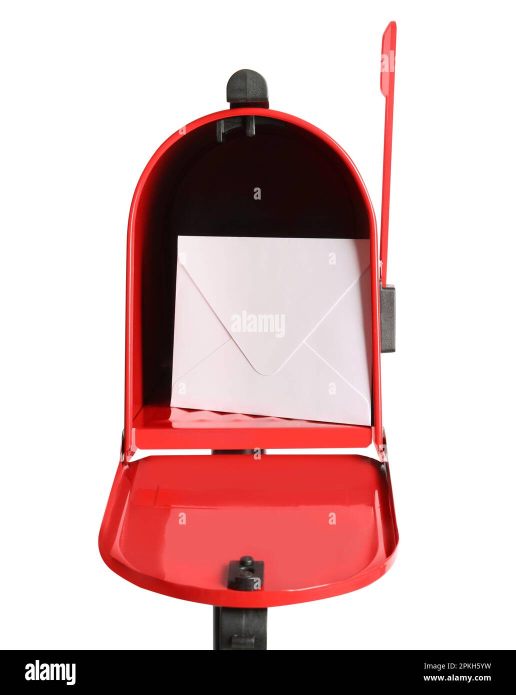Open red letter box with correspondence on white background Stock Photo ...