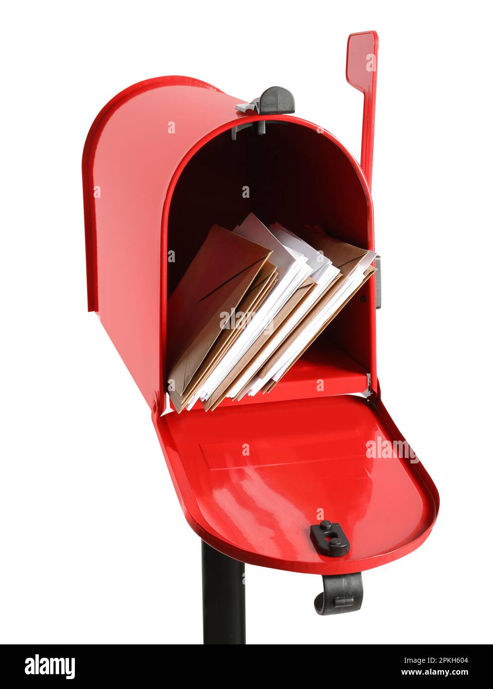 Open red letter box with correspondence on white background Stock Photo ...