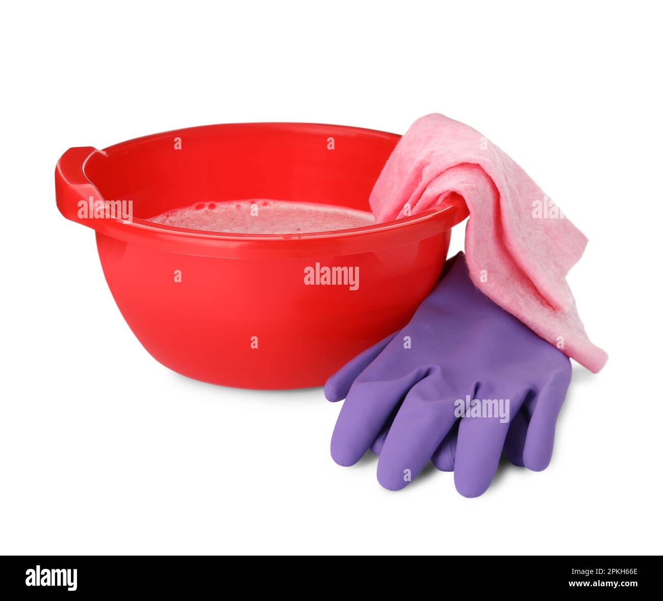 Red basin with detergent, rag and gloves on white background Stock ...