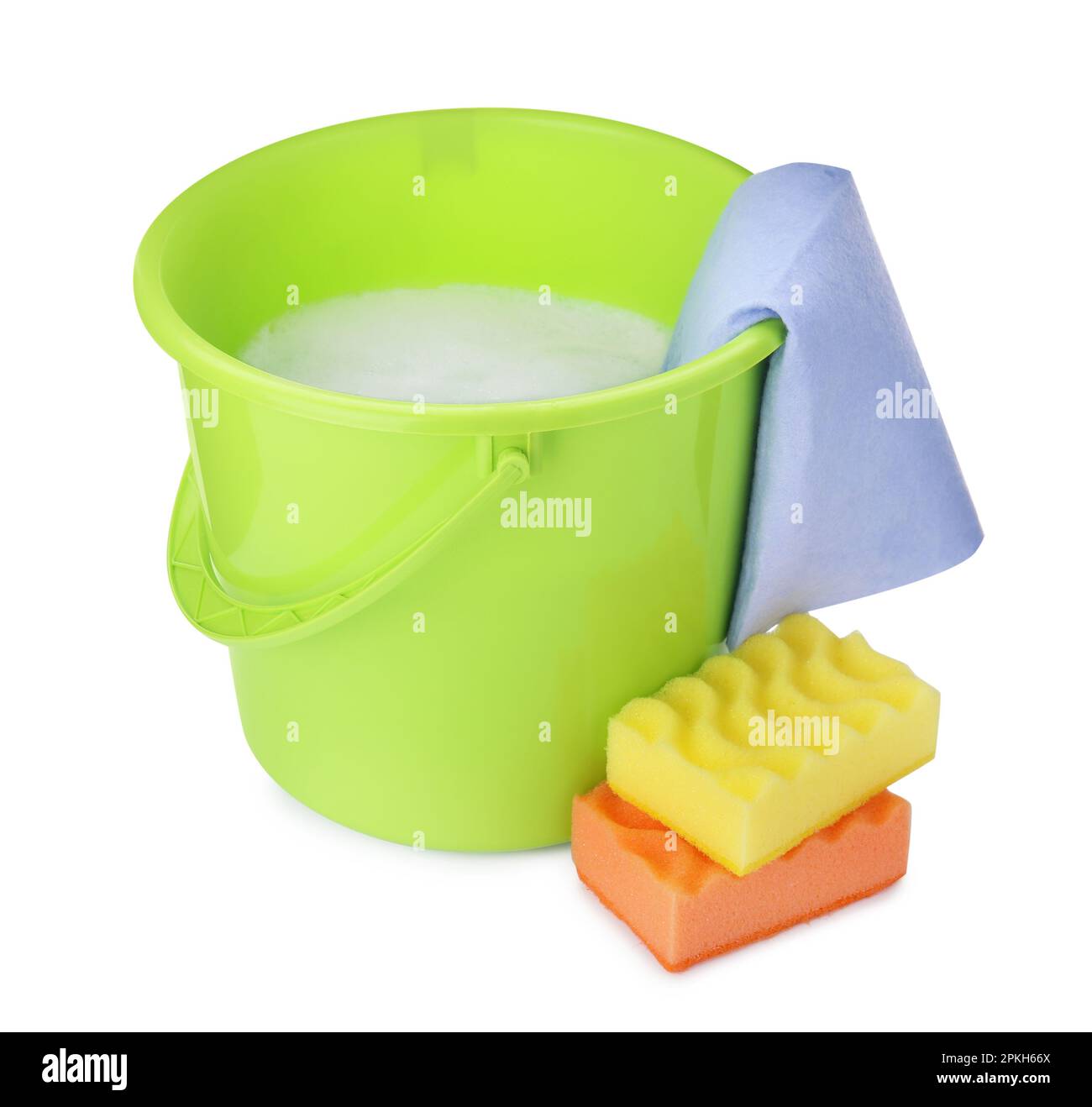 Green bucket with detergent, rag and sponges on white background Stock ...