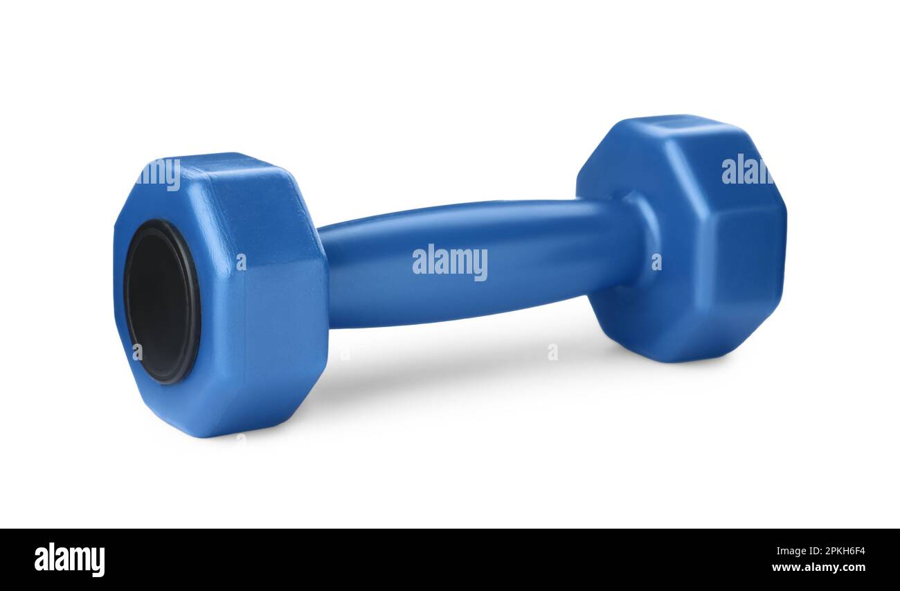 Blue dumbbell isolated on white. Weight training equipment Stock Photo - Alamy