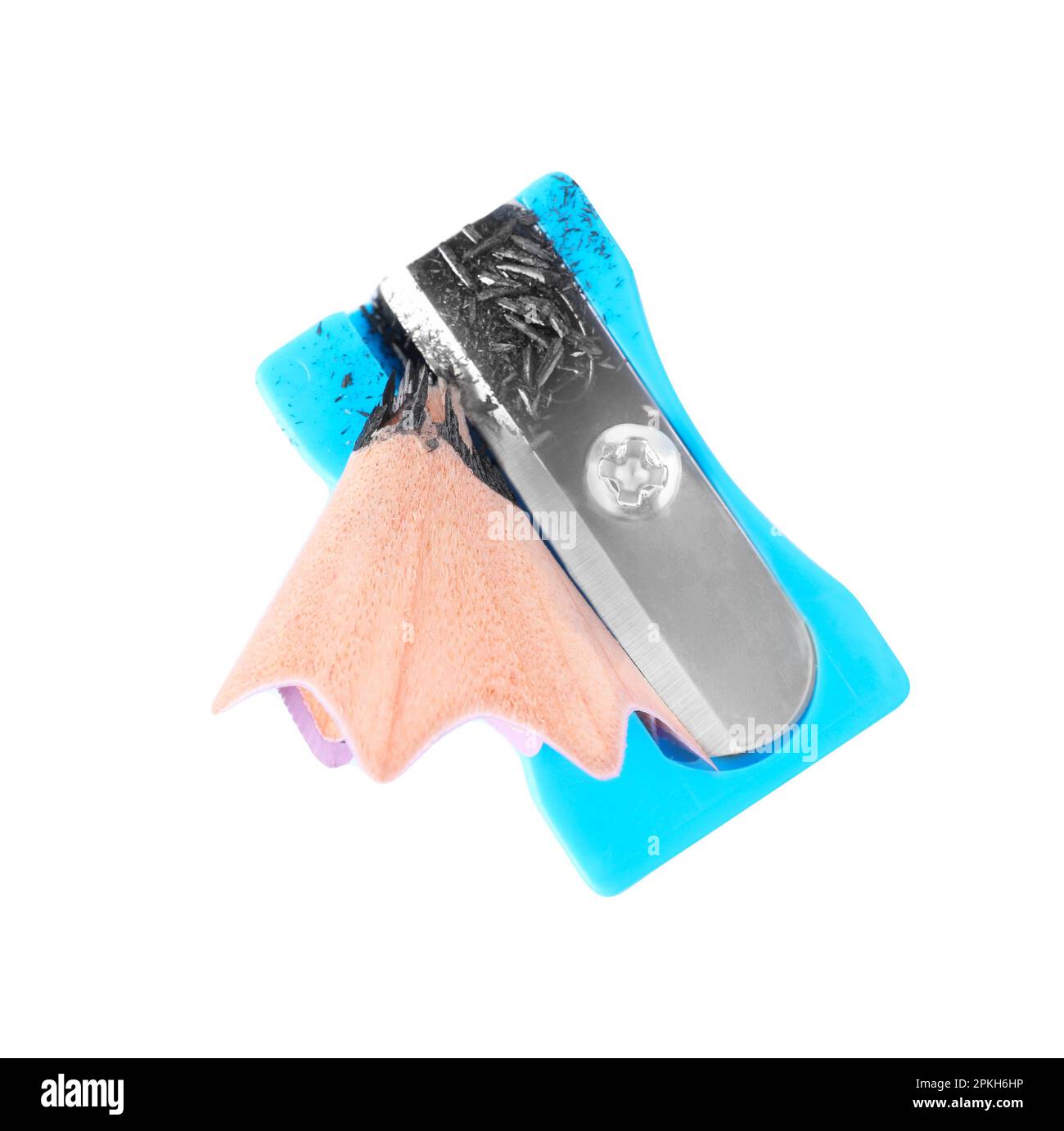 Light blue sharpener with pencil shavings on white background, top view ...