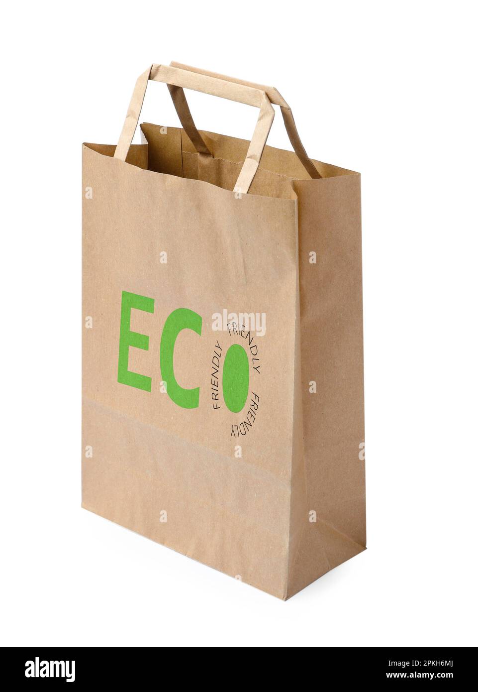 Paper bag with phrase Eco Friendly on white background Stock Photo - Alamy