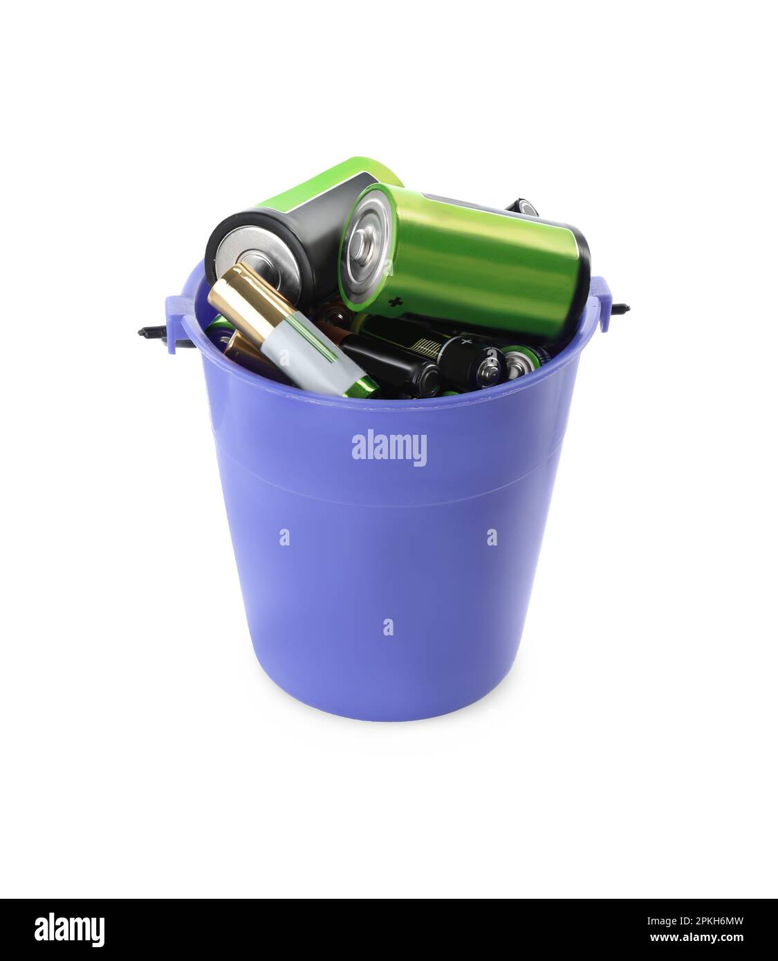 Used batteries in bucket on white background Stock Photo - Alamy