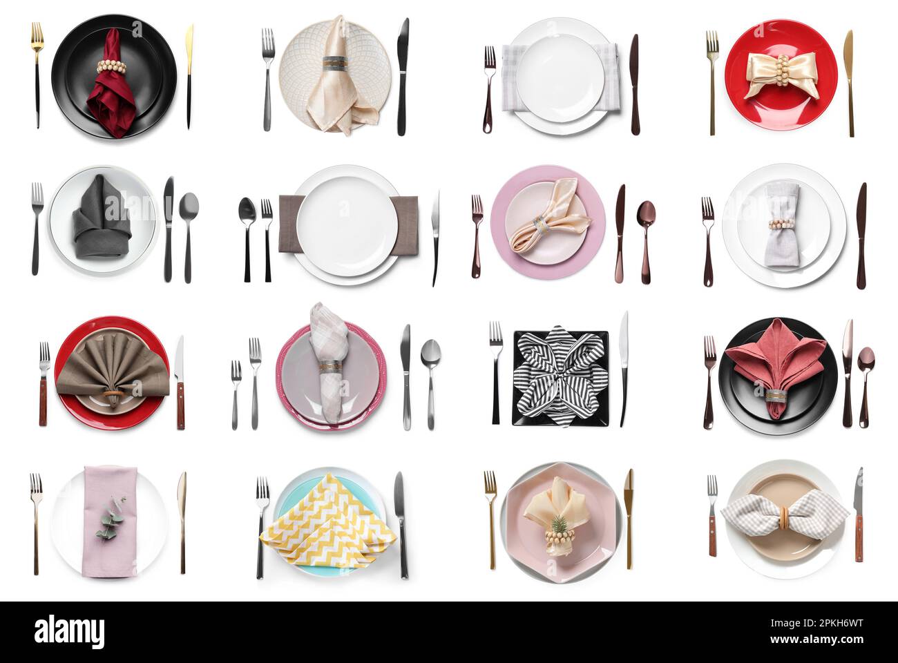 Set with examples of different beautiful table settings on white ...