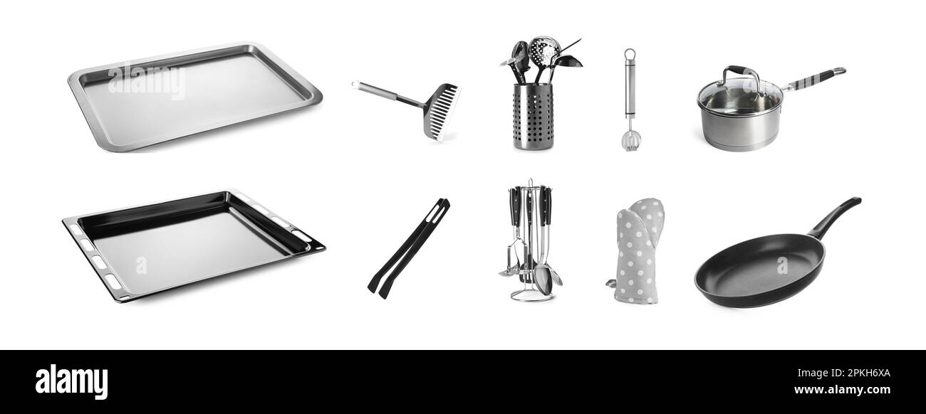 Set with pan, cookware and kitchen utensils on white background. Banner ...