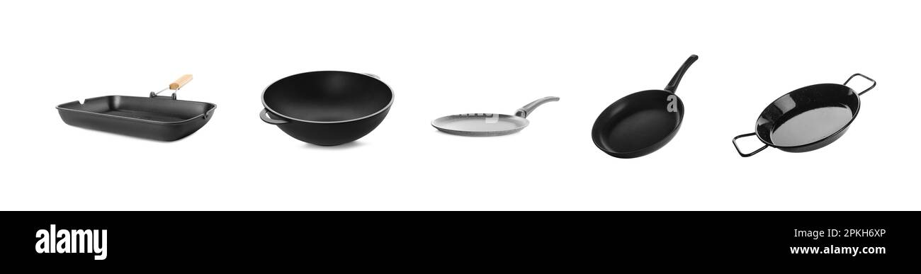 Set with different pans on white background. Banner design Stock Photo ...