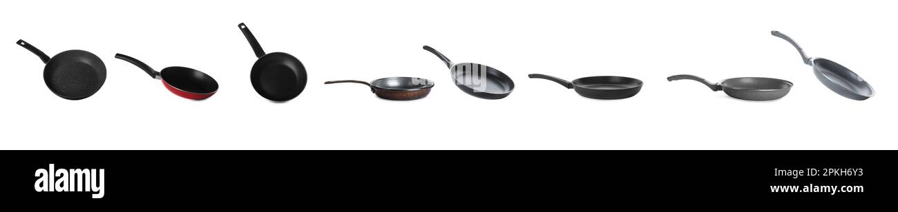 Set with different pans on white background. Banner design Stock Photo ...