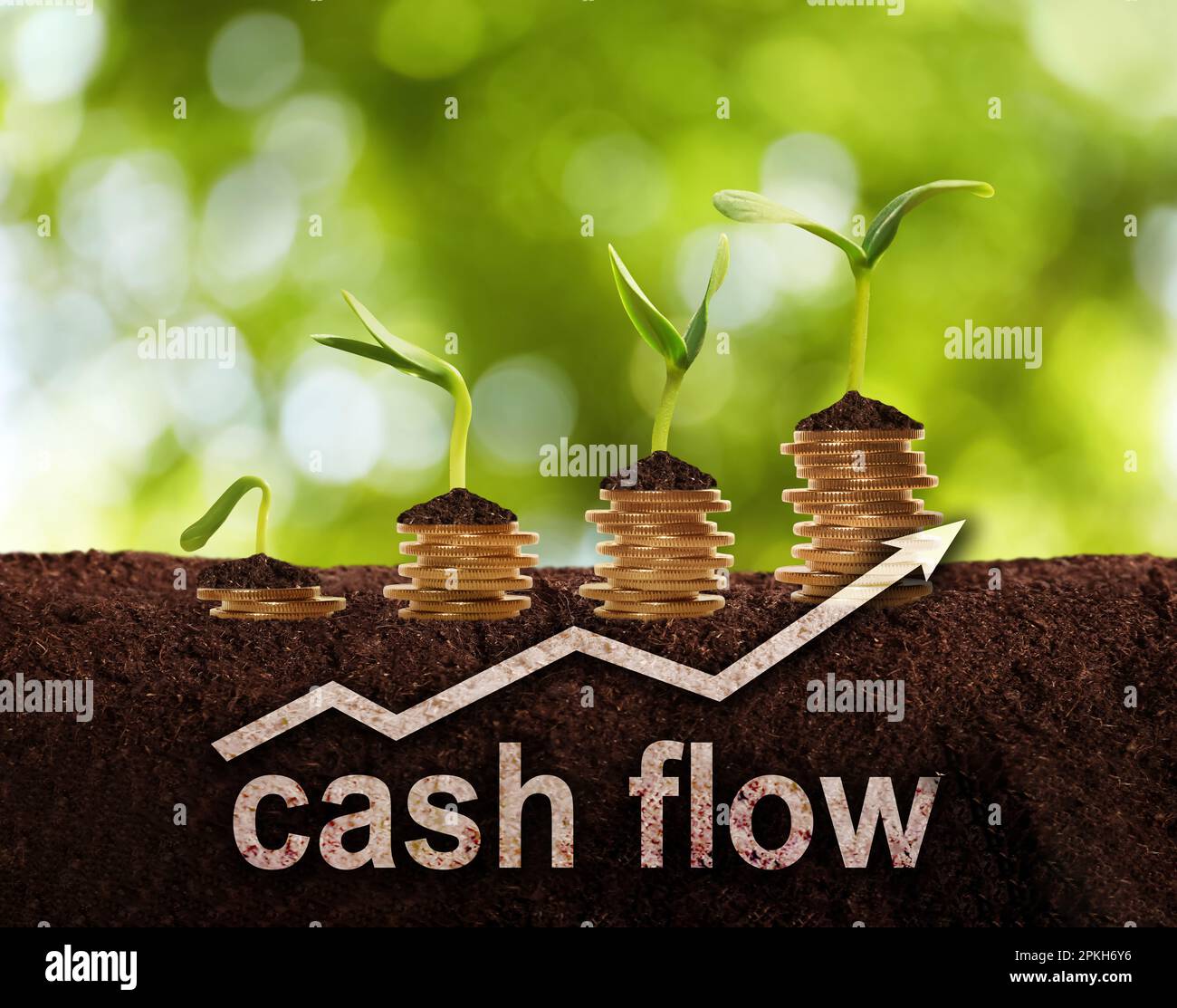 Cash Flow concept. Illustration of upward arrow and stacked coins with ...