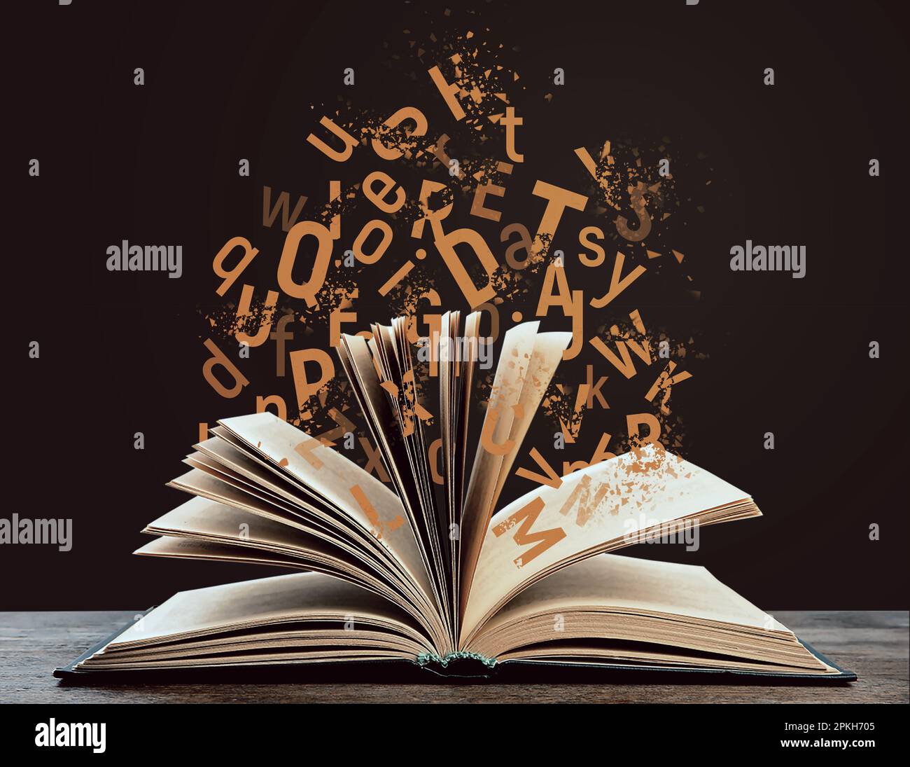 Open book with flying letters on wooden table against brown background. Dyslexia concept Stock ...