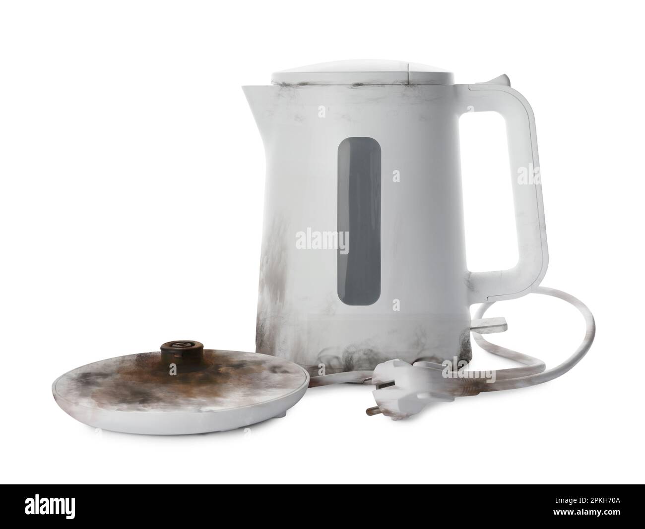 Burnt electric kettle with base and plug on white background Stock ...