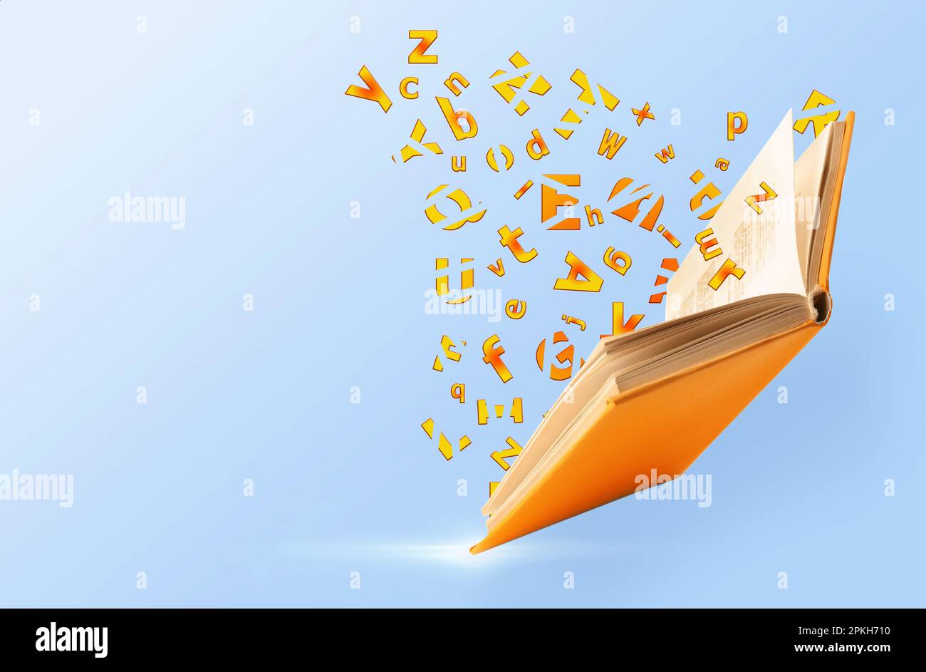 Flying open book with flying letters on light blue background, space ...