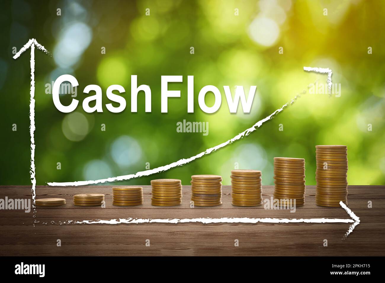 Cash Flow concept. Illustration of increase graph and stacked coins on ...
