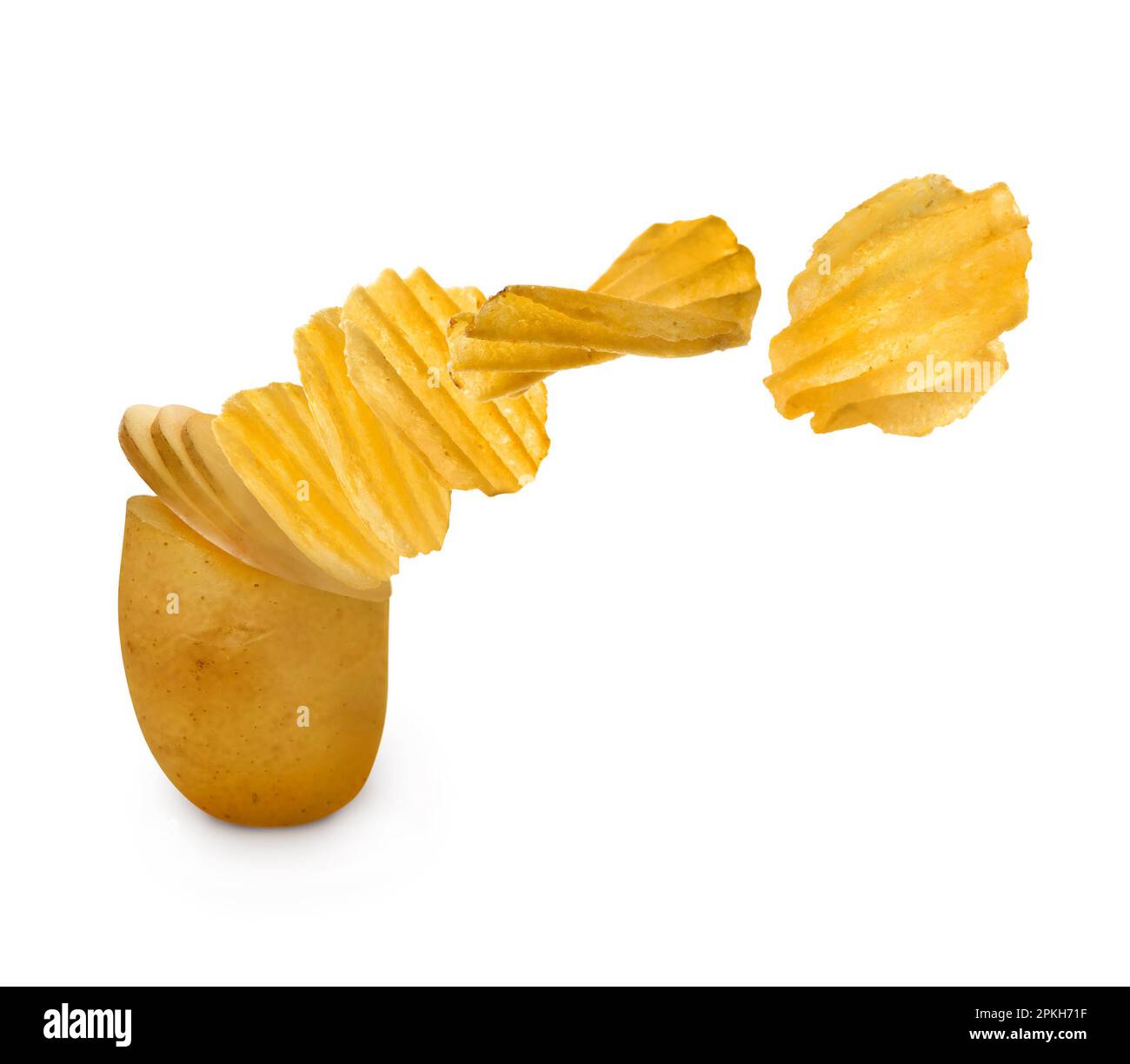 Raw potato turning into tasty crispy chips on white background Stock ...