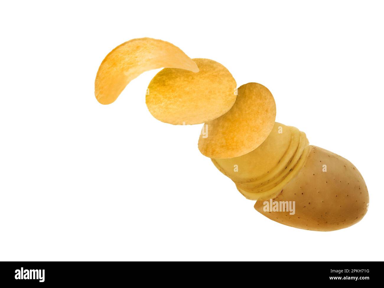 Raw potato turning into tasty crispy chips on white background Stock ...
