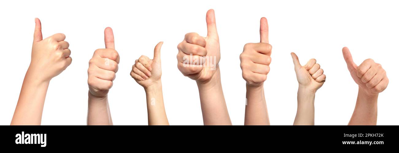 Collage with photos of people showing thumbs up gestures on white ...