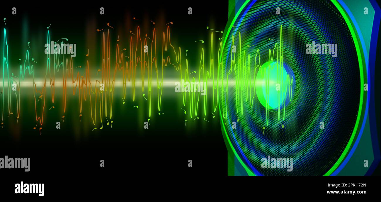 Modern powerful audio speaker and sound waves on dark background ...