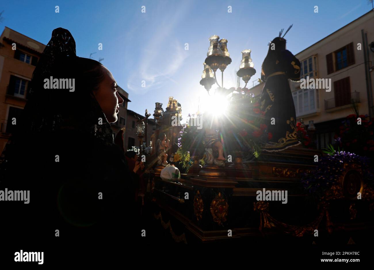 07 April 2023, Spain, Palma: Marga wear the typical "Manola" costume ...