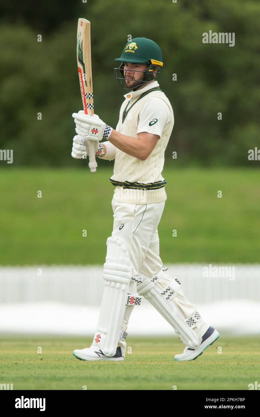 Caleb Jewell reacts after reaching 50 runs batting for Australia A ...