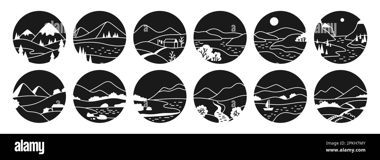 Nature field landscape scenery four seasons round stamp set. Abstract ...