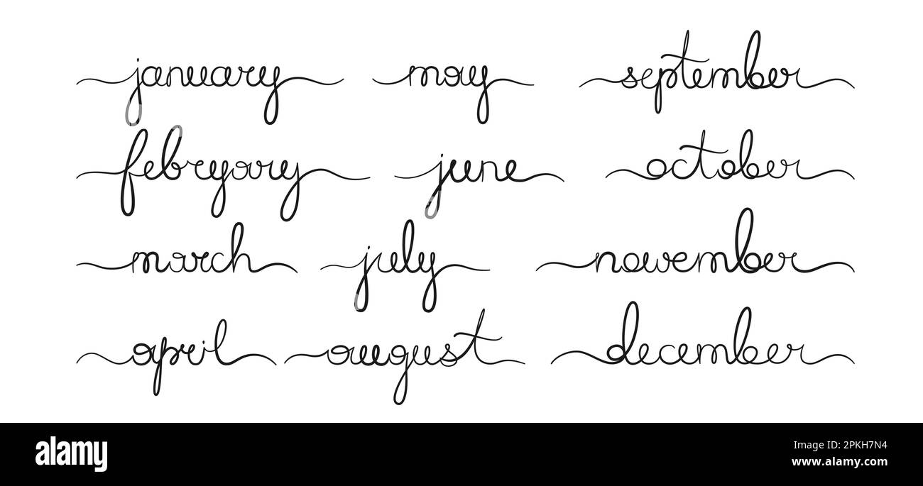 Months names line cursive handwritten set. Calendar months of year ...