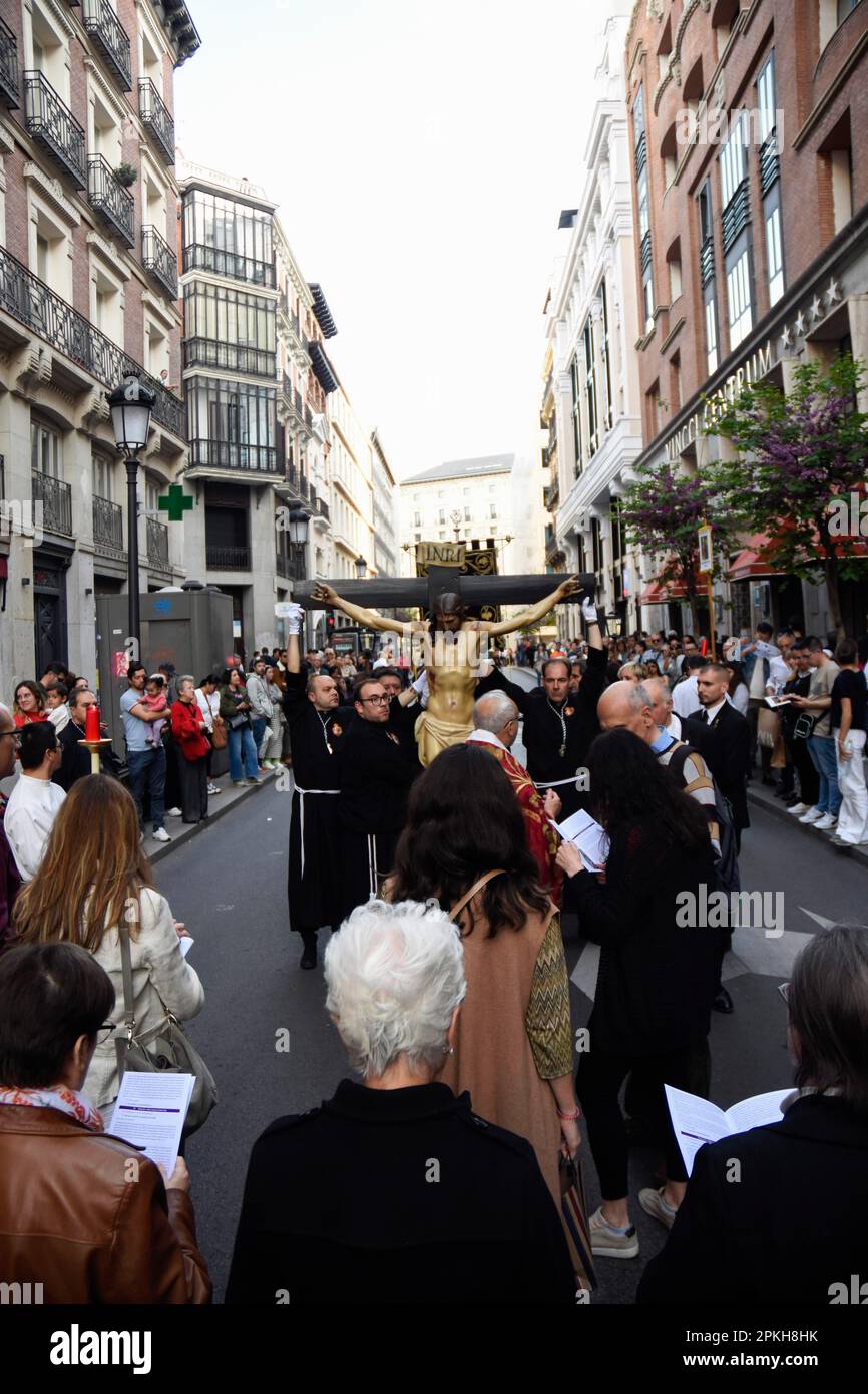 Madrid, Spain. 07th Apr, 2023. Penitents pray during Via Crucis ...