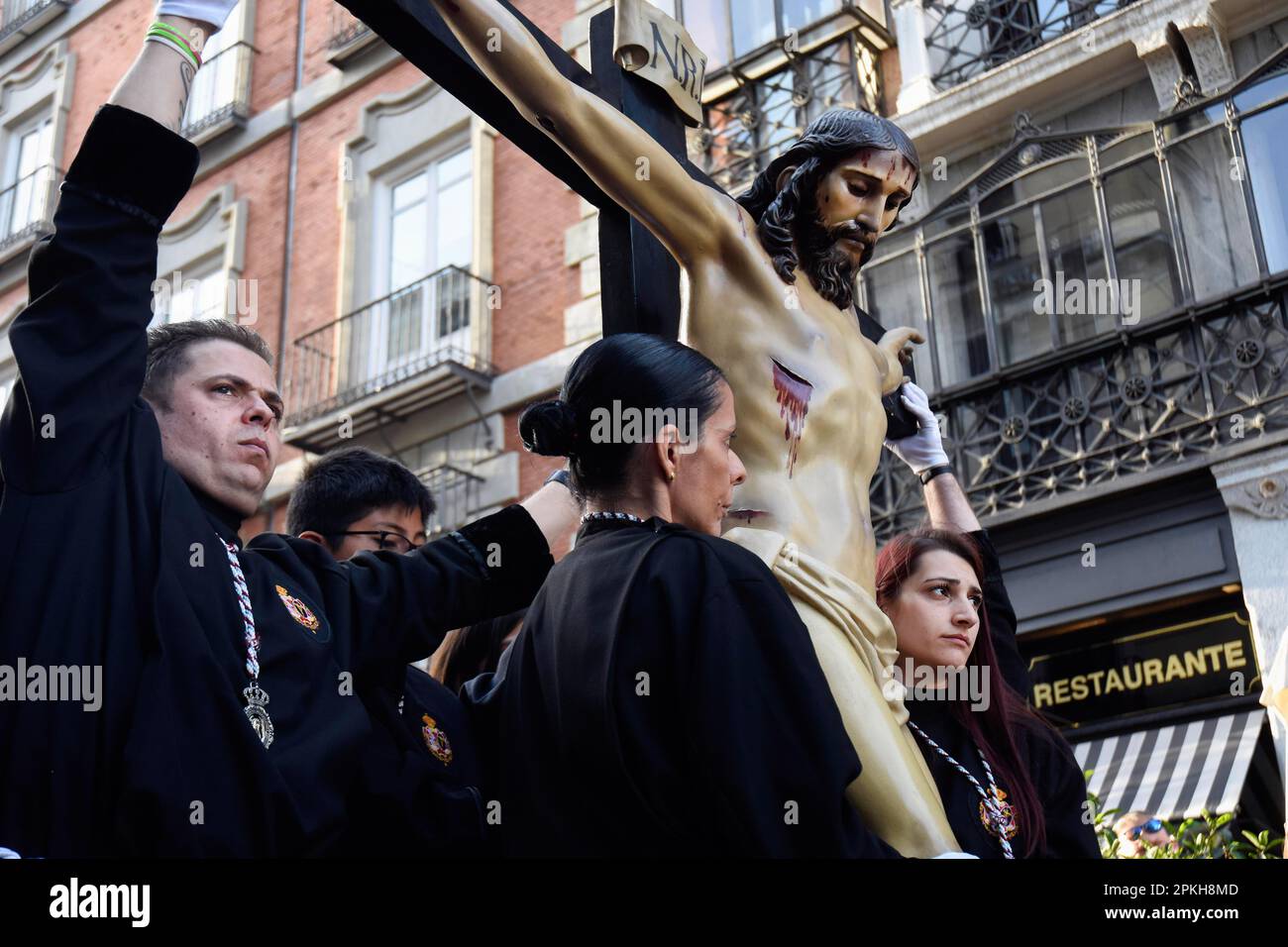 Madrid, Spain. 07th Apr, 2023. The faithful carry a statue of Christ ...