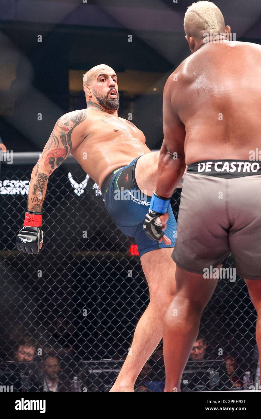 April 7, 2023: (L-R) Heavyweight Danilo Marques kicks Yorgan De Castro during the PFL 2 Regular ...