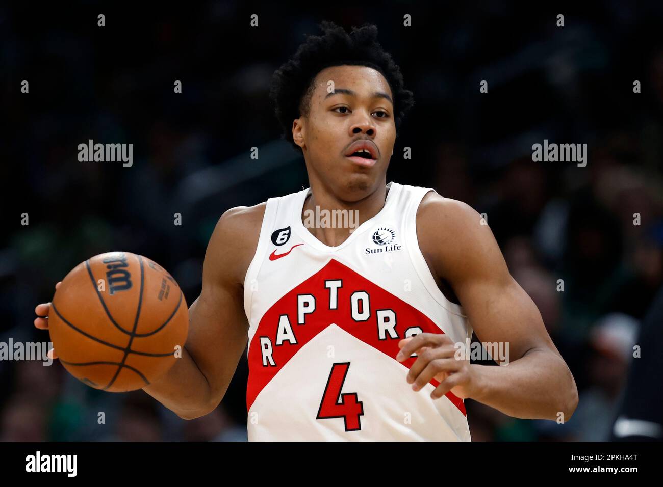 Toronto Raptors' Scottie Barnes plays against the Boston Celtics during ...