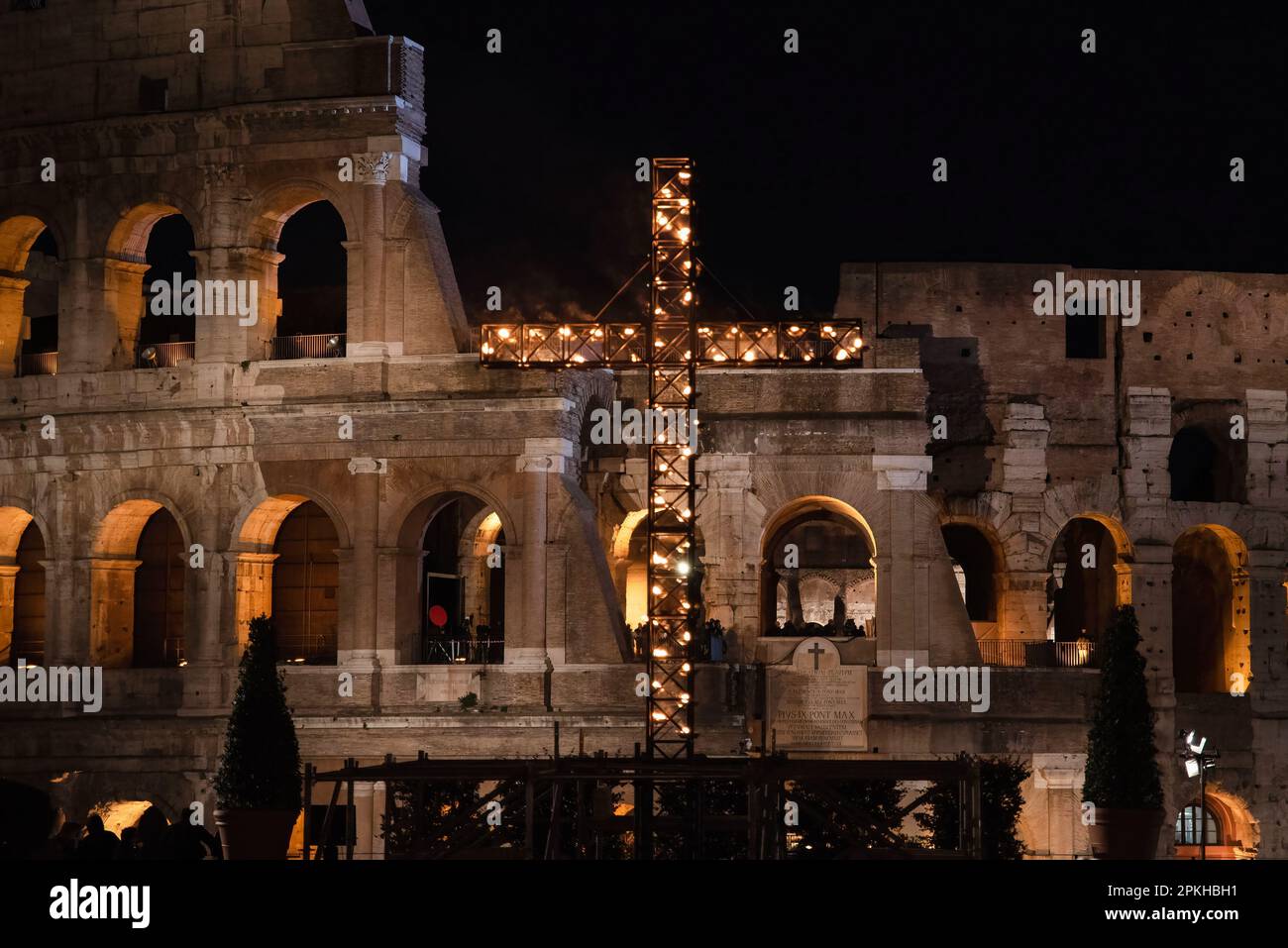 Rome, Italy. 07th Apr, 2023. Facade of the Roman Colosseum with a cross ...