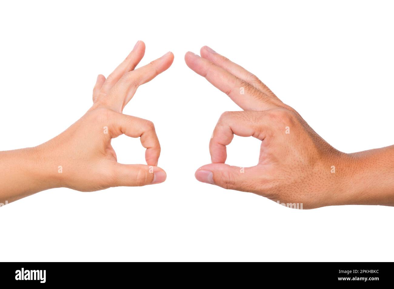 Male and female hands showing okay gesture isolated on white background ...