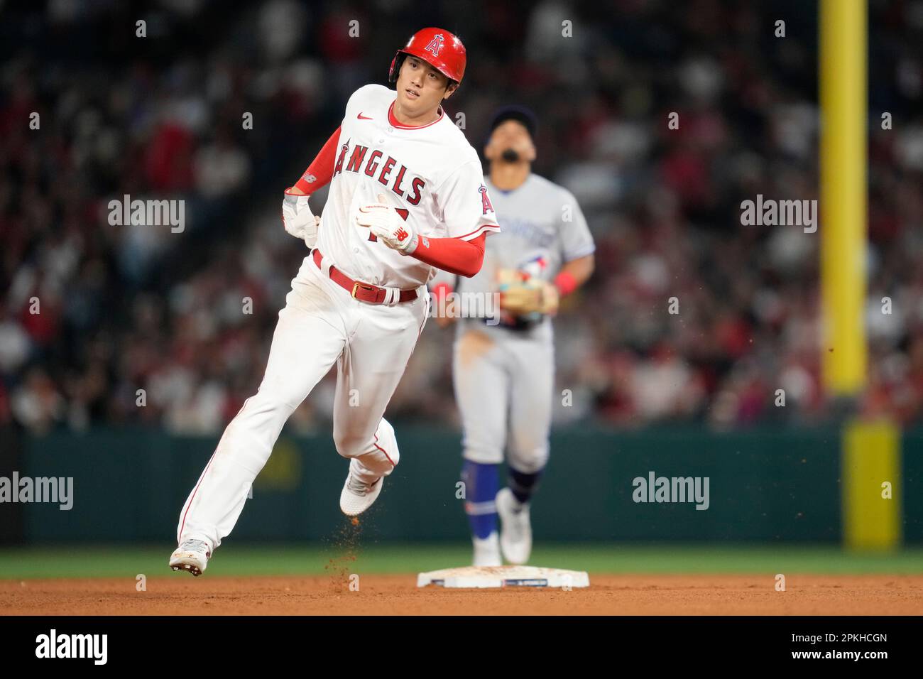 Los Angeles Angels designated hitter Shohei Ohtani rounds second base ...