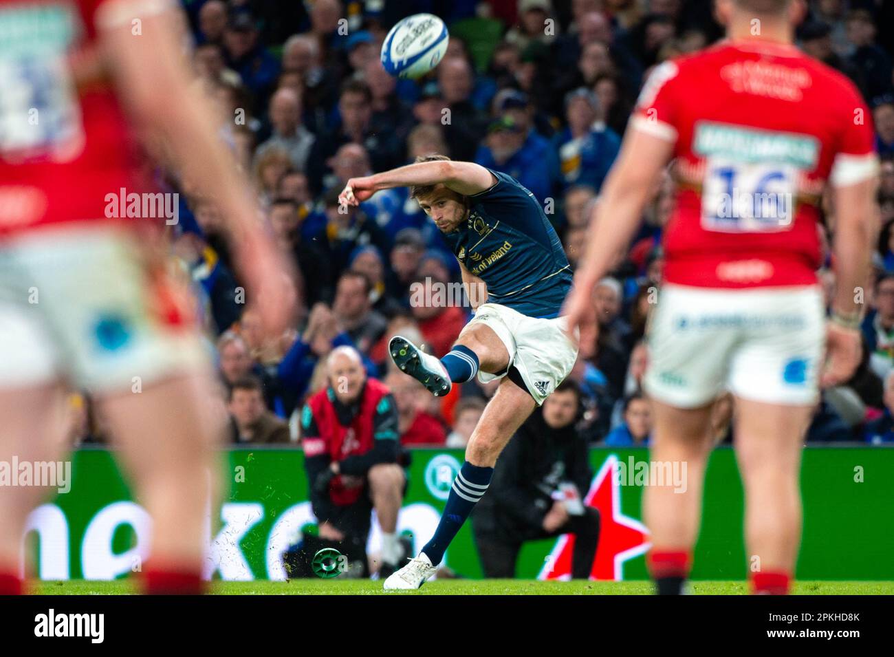 Dublin, Ireland. 08th Apr, 2023. Ross Byrne of Leinster takes a ...