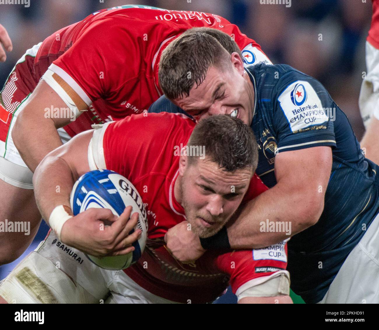 Dublin, Ireland. 08th Apr, 2023. Hanro Liebenberg of Leicester tackled ...