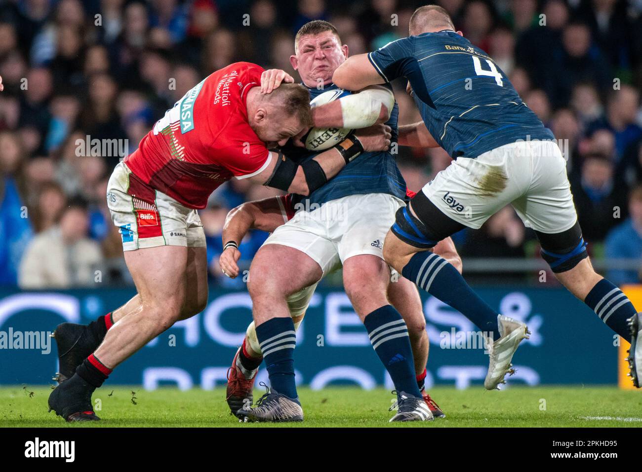Dublin, Ireland. 08th Apr, 2023. Tadhg Furlong of Leinster tackled by ...