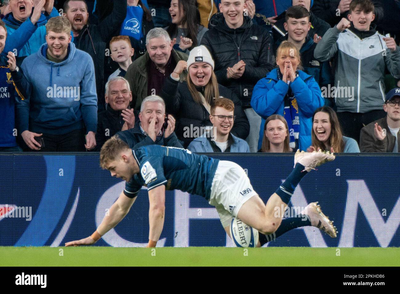 Dublin, Ireland. 08th Apr, 2023. Garry Ringrose of Leinster scores a ...