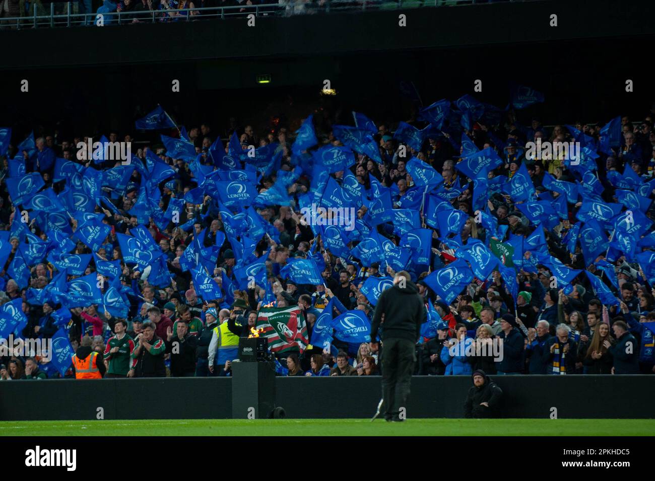 Dublin, Ireland. 08th Apr, 2023. Leinster fans with the flags during ...