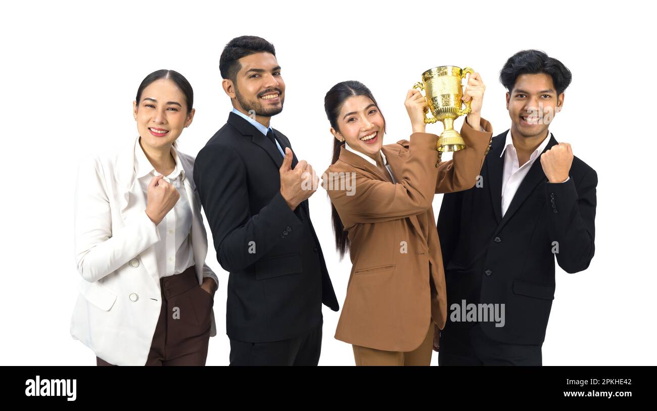 Team of successful young people standing together with trophy received ...
