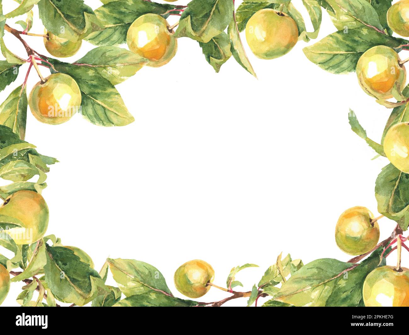 Rectangular frame of yellow apple branches. watercolor illustration ...