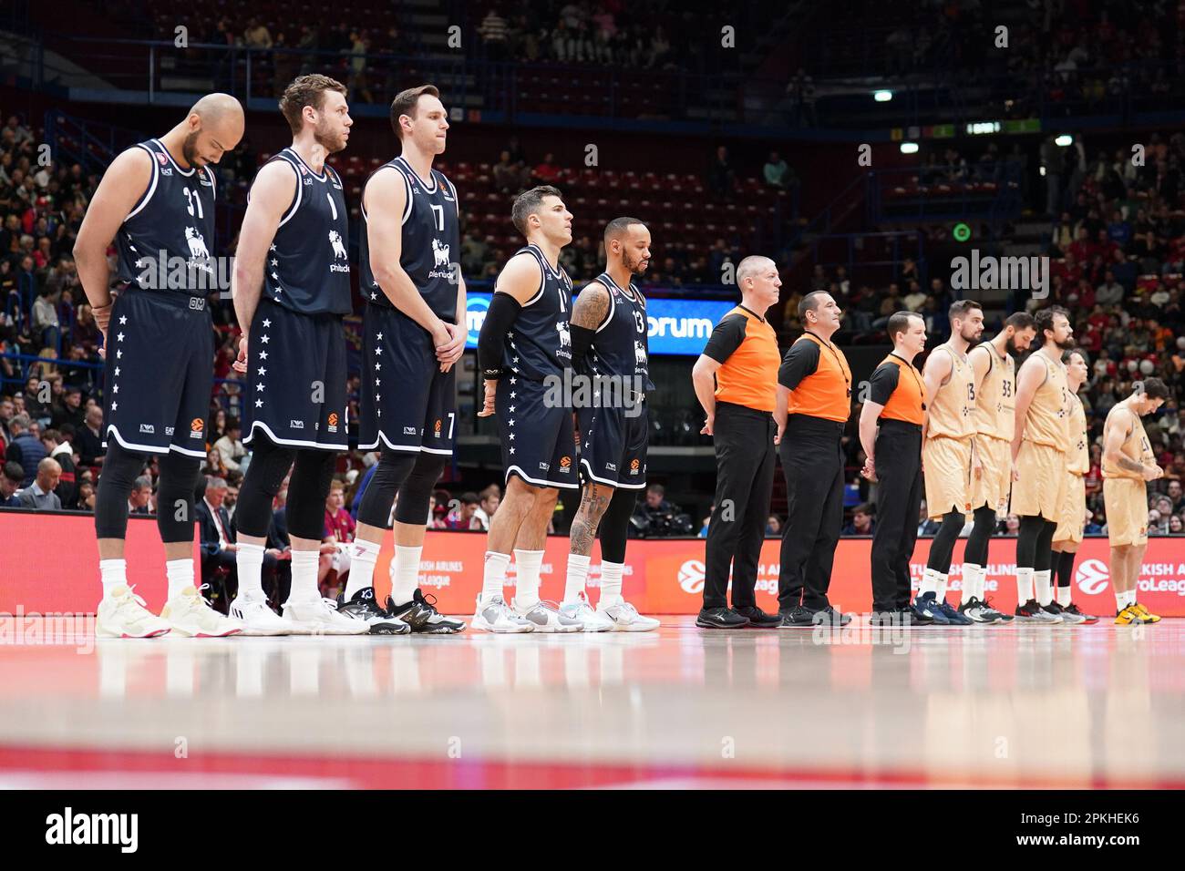 Milan, Italy. 07th Apr, 2023. Le due squadre al fischio iniziale during EA7 Emporio Armani ...