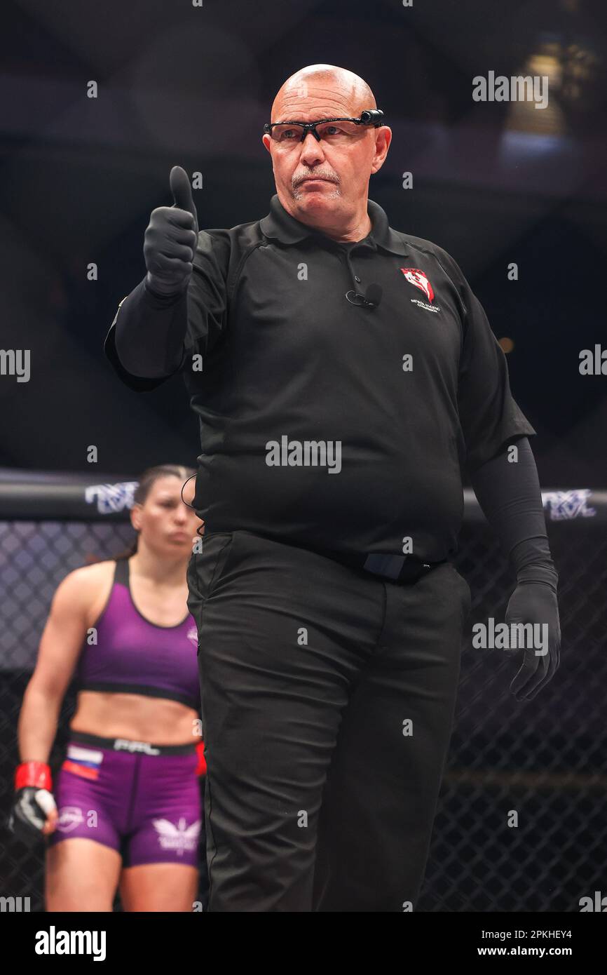 Las Vegas, NV, USA. 7th Apr, 2023. Referee Chris Tognoni gives the ...