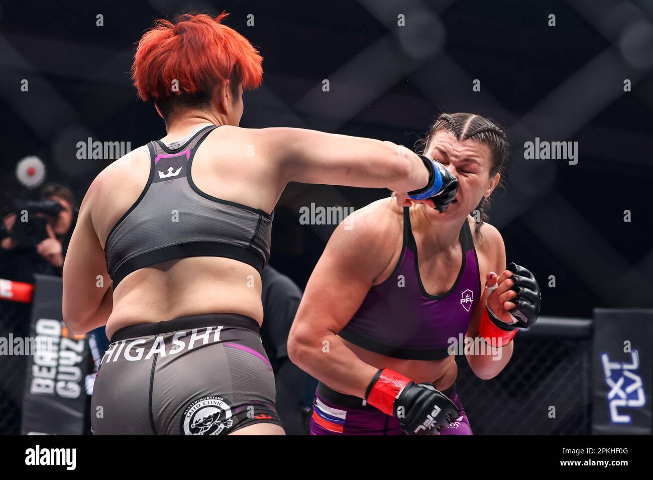 April 7, 2023: (L-R) Featherweight Yoko Higashi punches Marina Mokhnatkina during their PFL 2 ...