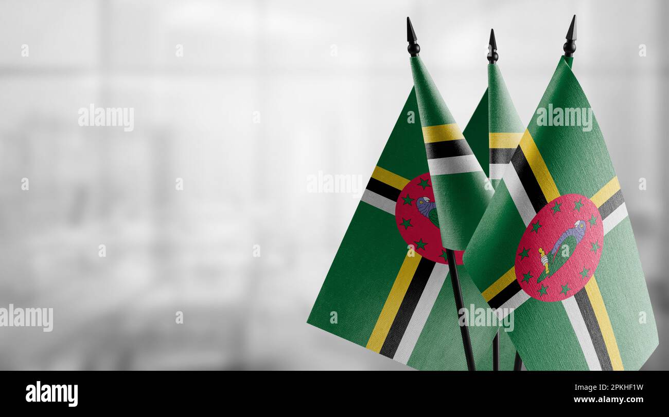 Small flags of the Dominica on an abstract blurry background Stock ...