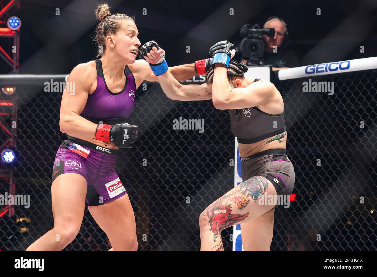 April 7, 2023: (L-R) Featherweight Martina Jindrova punches Amber Leibrock during their PFL 2 ...