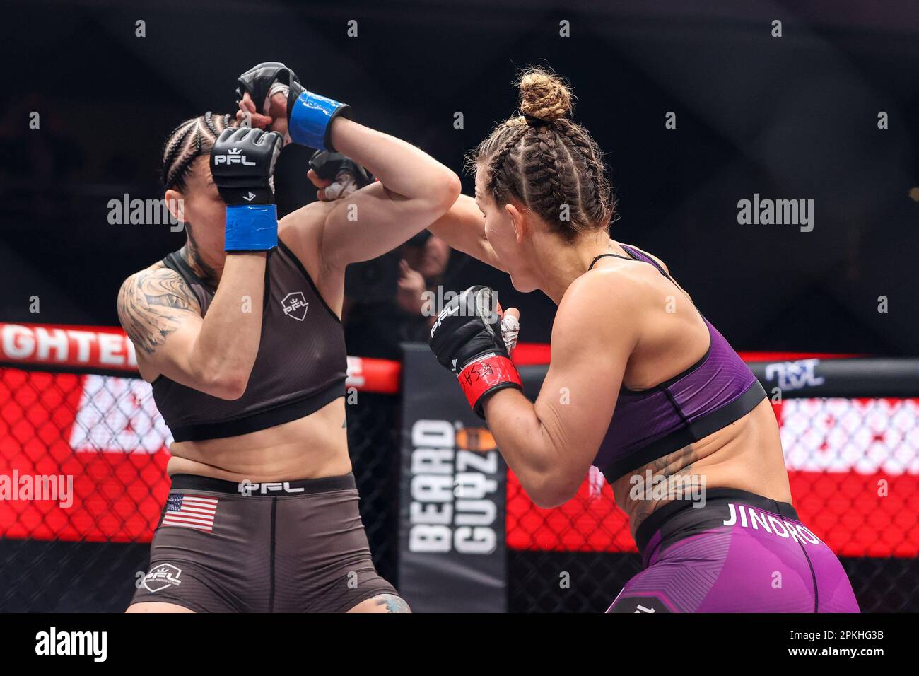 April 7, 2023: (R-L) Featherweight Martina Jindrova punches Amber ...