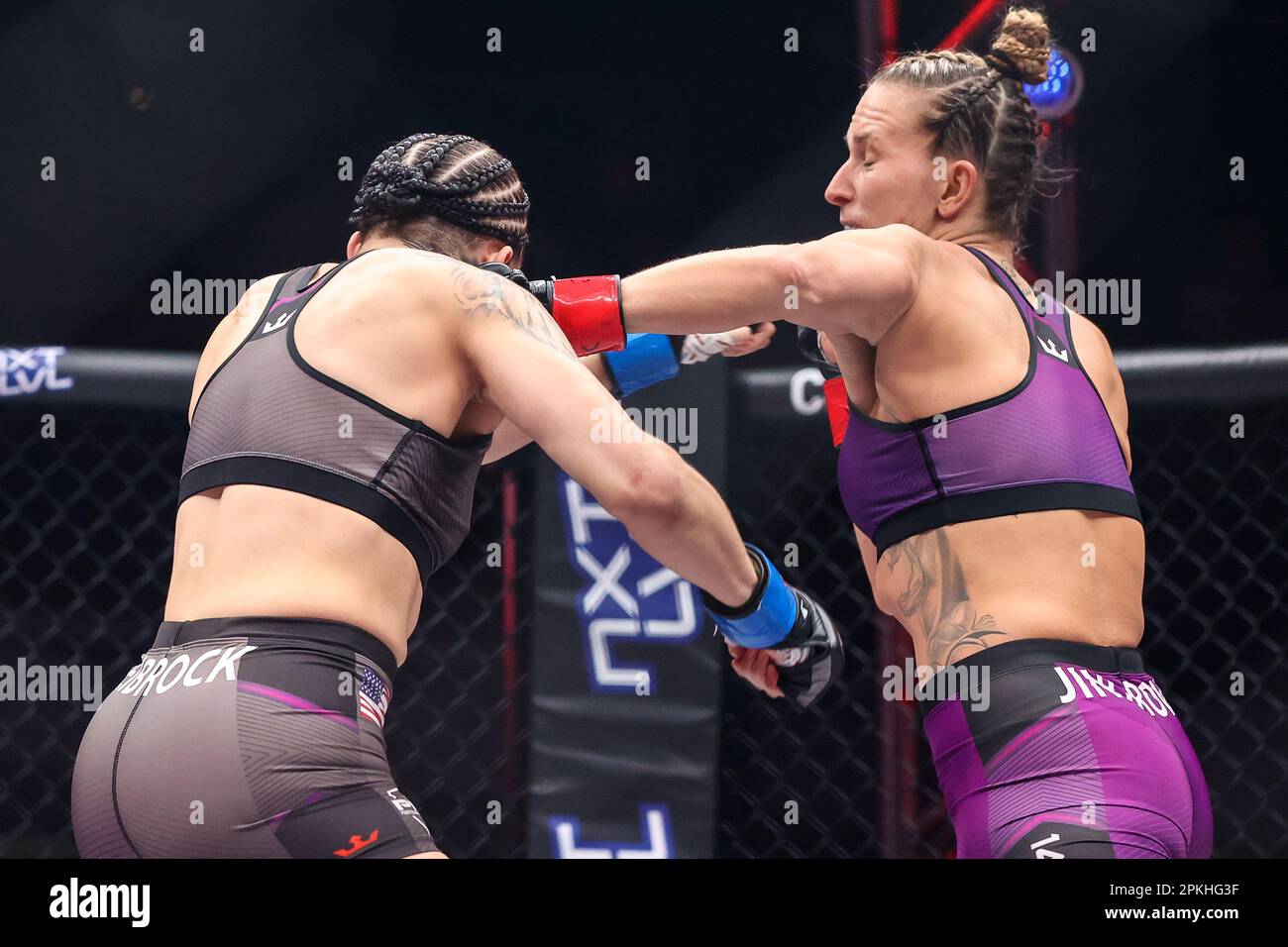 April 7, 2023: (R-L) Featherweight Martina Jindrova punches Amber Leibrock during their PFL 2 ...