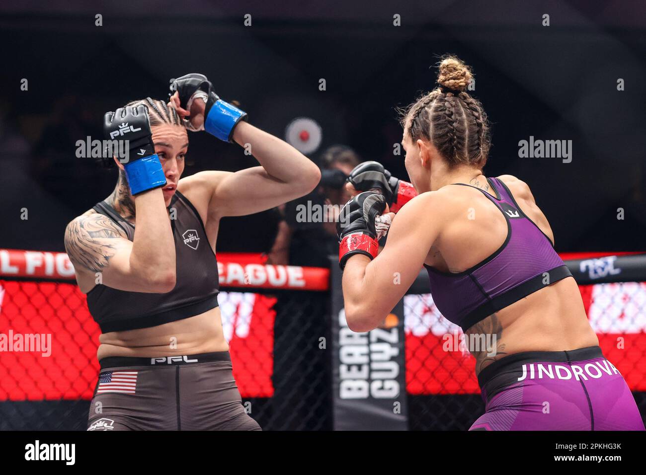 April 7, 2023: (R-L) Featherweight Martina Jindrova looks at Amber ...